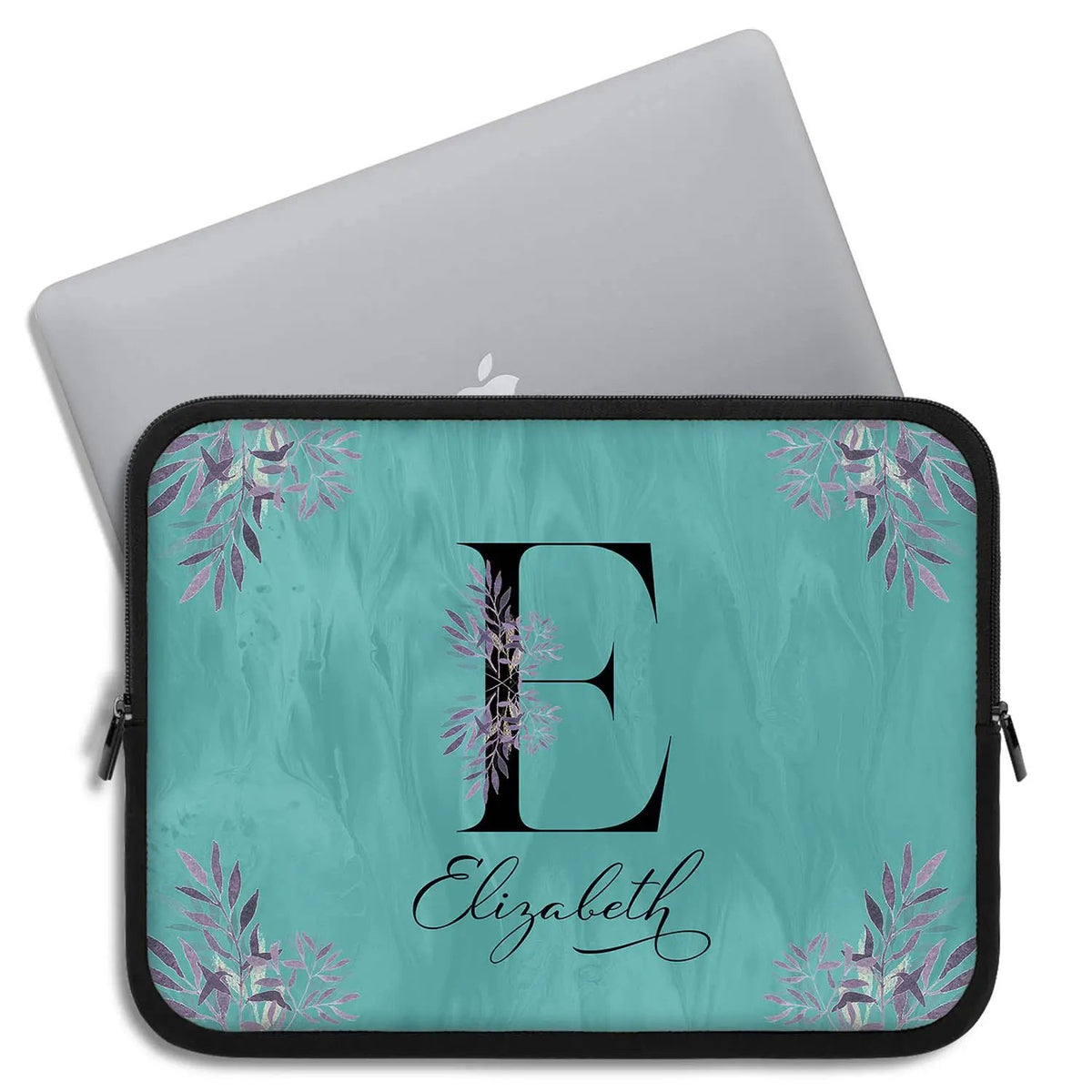 Floral Teal Monogram Custom Name Laptop, Macbook & Tablet Sleeve